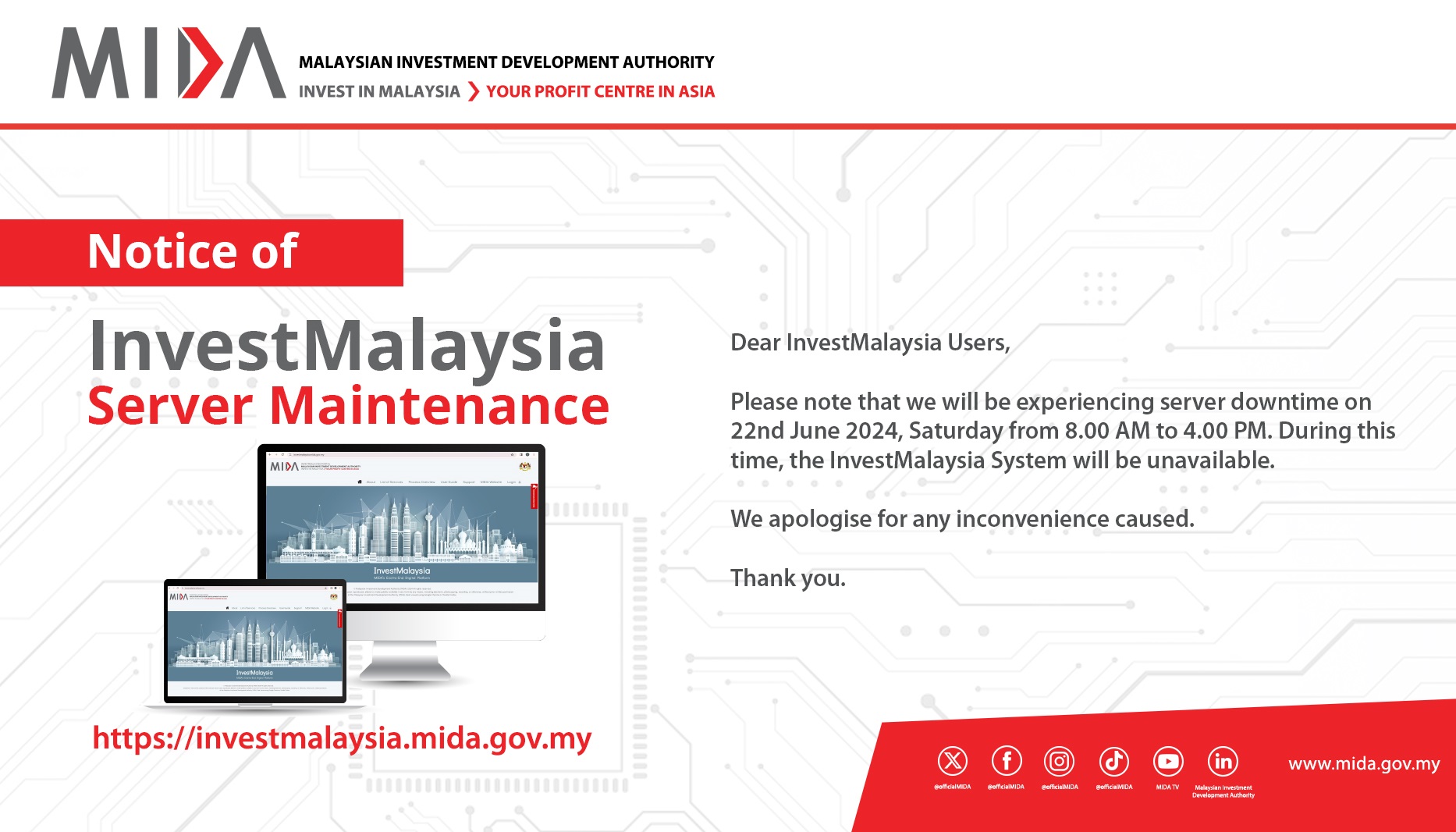 Notice of InvestMalaysia Server Maintenance - MIDA | Malaysian ...