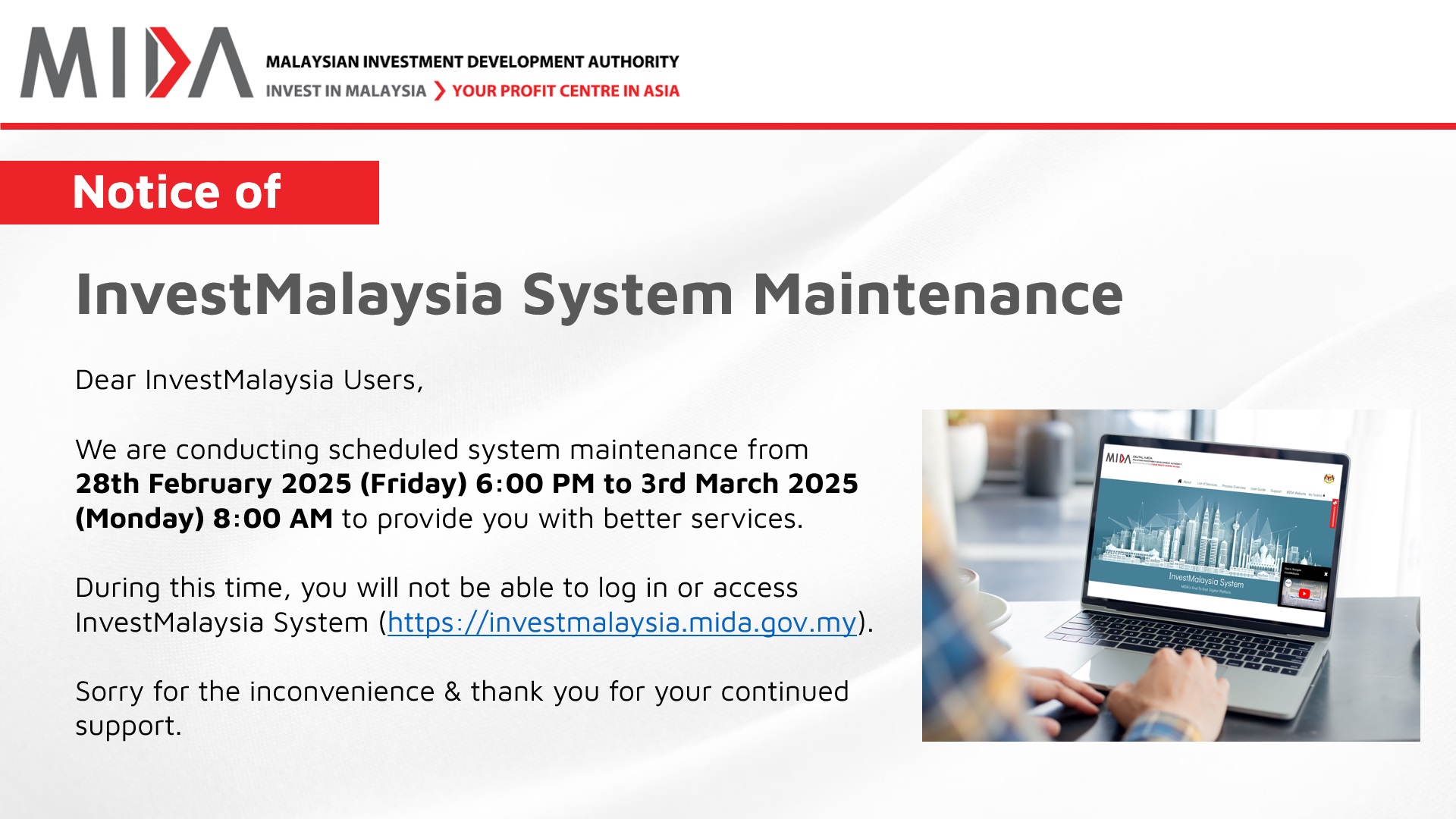 Notice of InvestMalaysia System Maintenance - MIDA | Malaysian ...