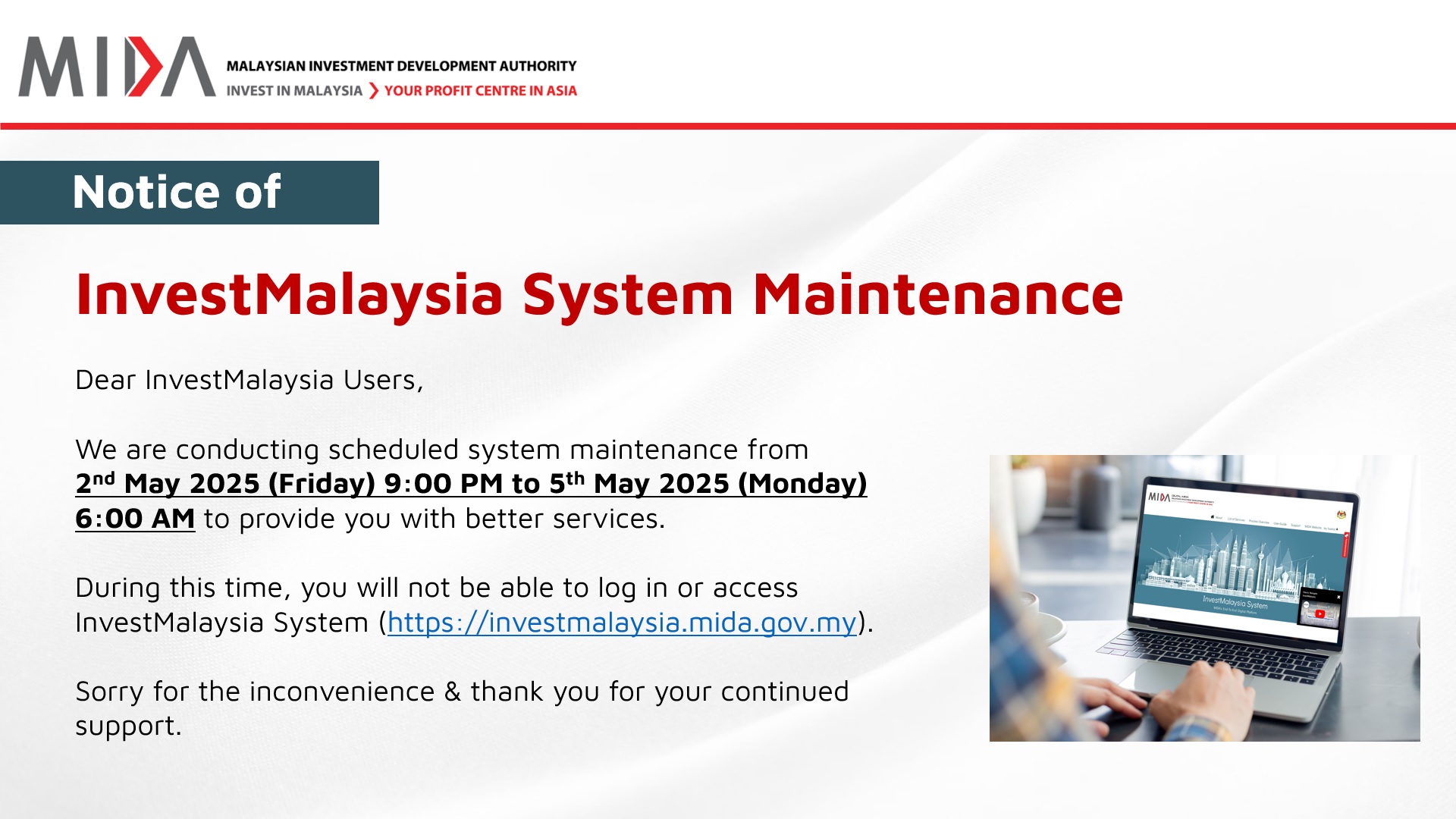 InvestMalaysia System Maintenance - MIDA | Malaysian Investment Development Authority